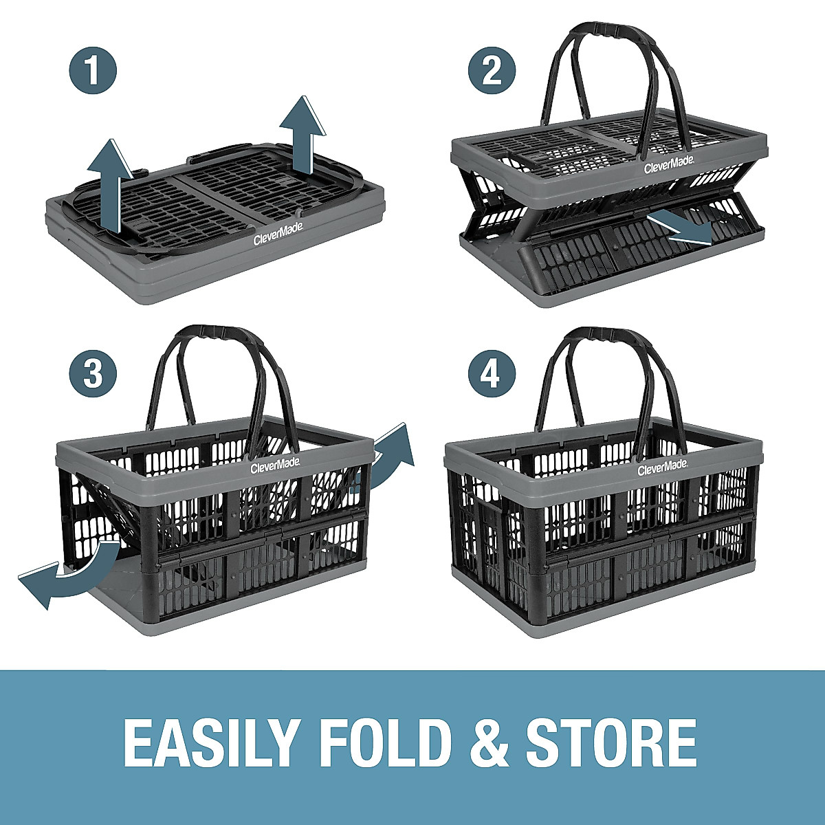 CleverMade 16L Collapsible Reusable Plastic Grocery Shopping Baskets; Small Foldable Storage Crates with Handles, 3 Pack, Charcoal