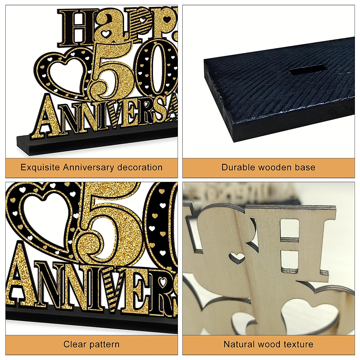 Eiurteao 4 Pieces 50th Anniversary Decorations Married in 1974 Wooden Table Sign, Black Gold Happy 50 Wedding Anniversary Table Centerpieces Party Supplies, Cheers to 50 Year Anniversary Table Decor