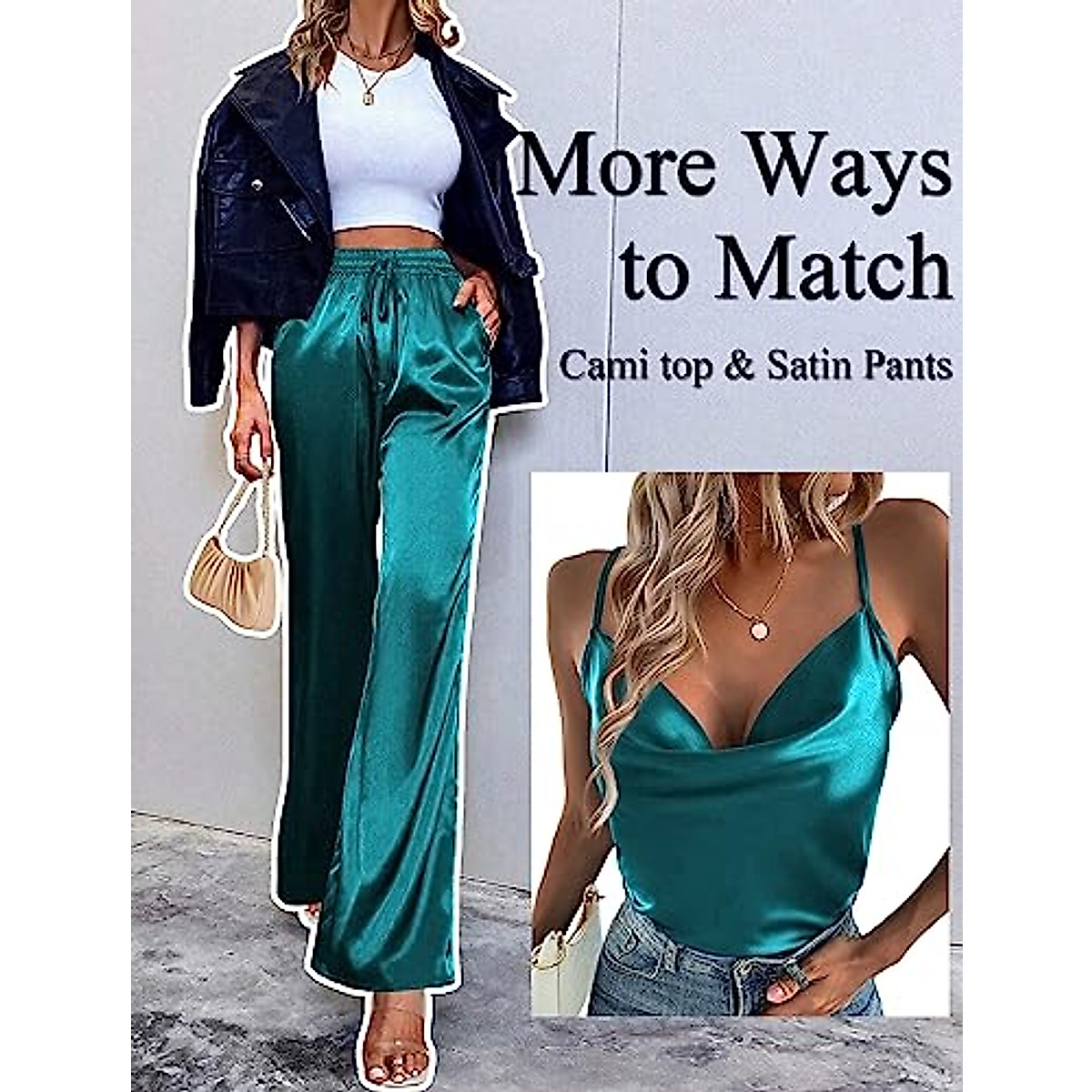 Ekouaer Lounge Wear Sets Women's Summer Silk Sleeping Pajamas Satin Cami Top with Long Pants Gift Set 2 Piece Tracksuit Blue Green,XXL