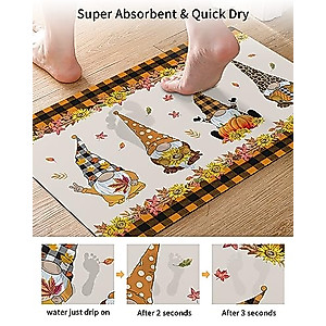 Bathroom Floor Shower Mat, Non-Slip Small Rugs - Easy to Clean, Happy Thanksgiving Day Dwarf Gnome with Pumpkin Sunflower Durable Bath Rug 18"x30" Washable Quick Dry Mats for Bathtubs