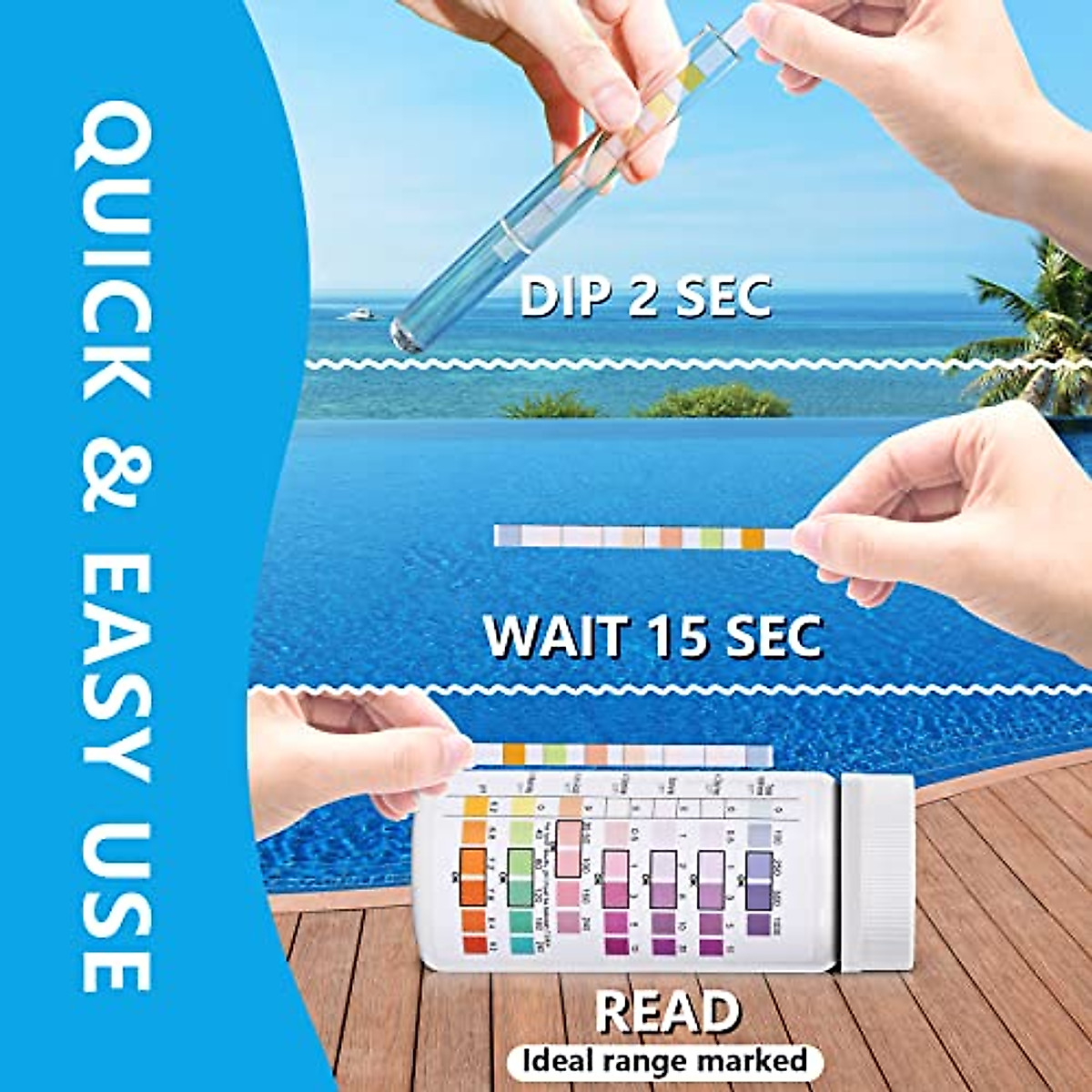 Pool Test Strips 7 in 1, 100 ct Spa Test Strips for Hot Tub Water, Pool Test Strips for Inground Pool, Testing Hardness, Free Chlorine, Bromine, Total Chlorine, Cyanuric Acid, Total Alkalinity, pH