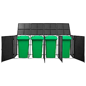 loibinfen Poly Rattan Quadruple Outdoor Wheelie Storage Bin Shed with 4 Large Doors and Locking System for Barkyard Outdoor Patio Garden 120.1"x30.7"x47.2" Black