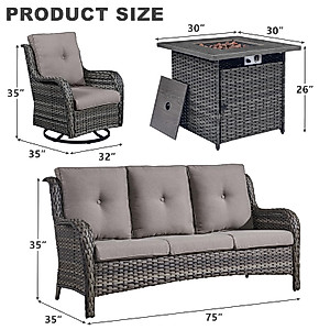 Patio Furniture 4 Piece, All-Weather PE Wicker Outdoor Furniture Set with CSA Certified 30in Propane Fire Pit Table,Outdoor Patio Furniture with Swivel Rocking Chairs