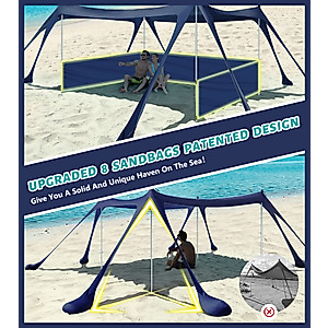 EYEFAME UPF50+ Anti-Wind Beach Tent with Sandproof Private Beach Wind Screen, Stable 8 Sandbags Design Beach Canopy Sun Shade with Carrying Bag, Portable Easy Assemble Sun Shelter for Outdoor Camping