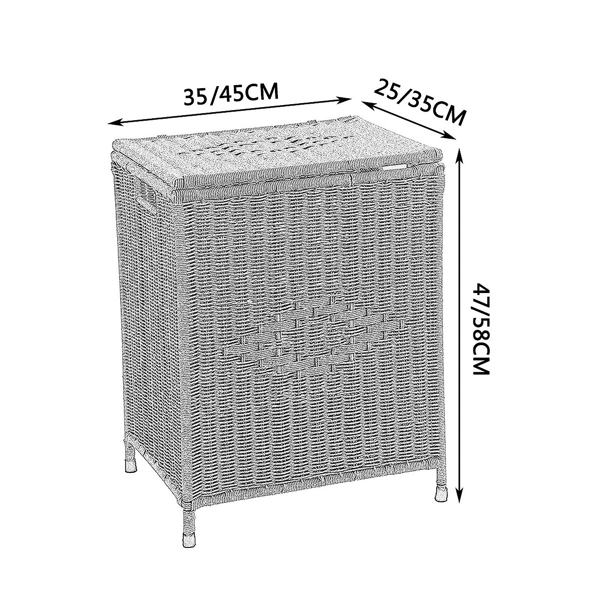 DIIDIIF Shelf Square Laundry Basket With 4 Legs, Handwoven Laundry Hamper With Lid, Metal Skeleton, Imitation Rattan Storage Basket With 2 Handles, 45X35X58cm