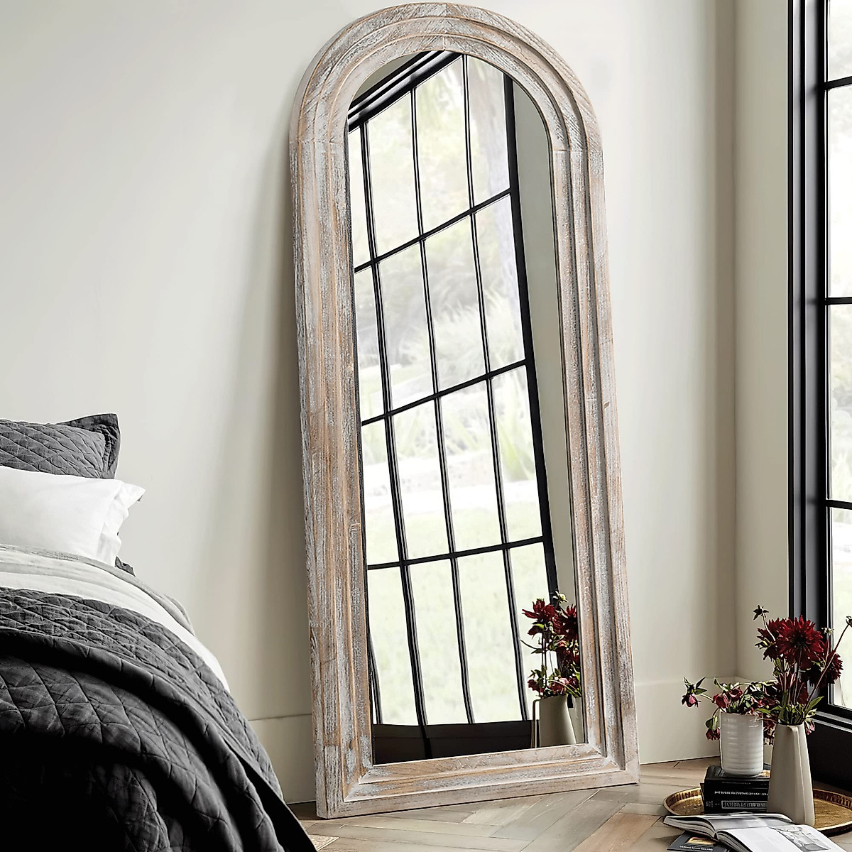 NeuType Arched Full Length Mirror 65"x22" Floor Mirror Rustic Wood Frame Rectangular Full Body Mirror Standing Mirror Wall-Mounted Freeleaning for Bathroom Bedroom Living Room,Weathered White