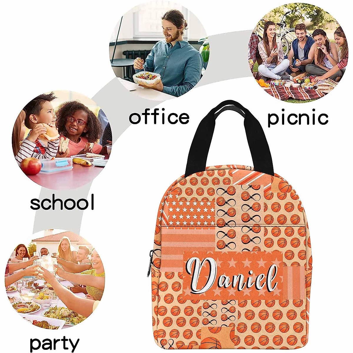 Custom Boys Insulated Lunch Bag with Name Reusable Lunch Bag for Teen Orange Basketball Personalized Lunch Totes Bags Cooler Lunch Bag for Kids Work School Picnic or Travel