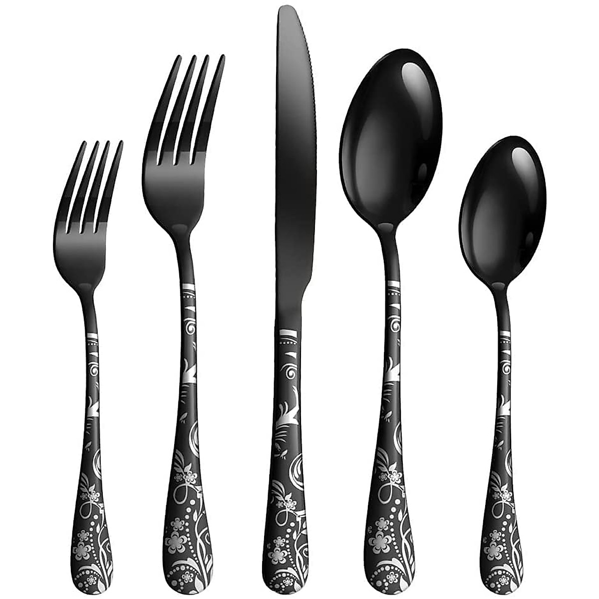 Black Silverware Set for 8 Floral Stainless Steel Flatware Set Unique Pattern Modern Cutlery Utensils 40 Piece Include Knives Forks and Spoons Tableware Set for Home Kitchen Wedding