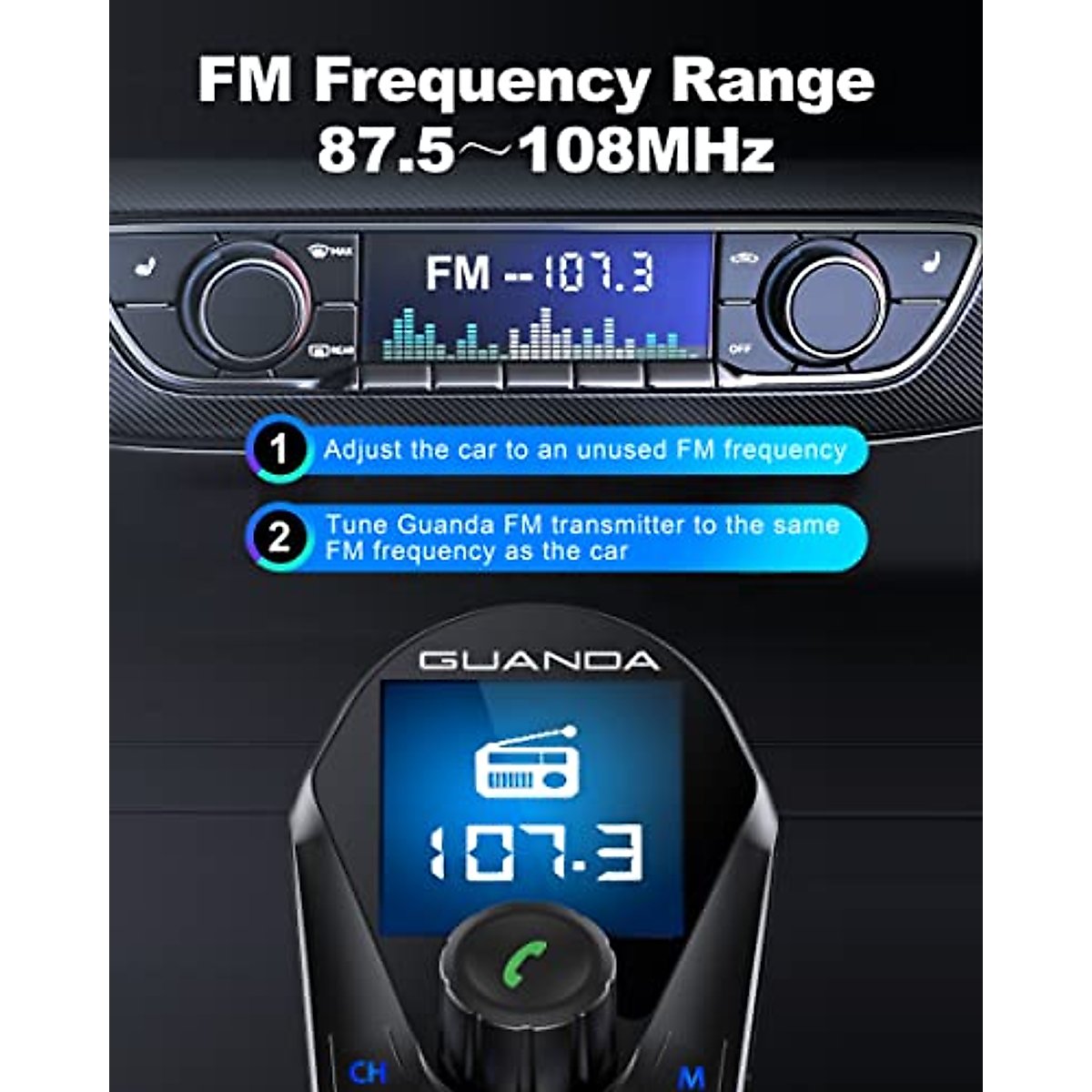 Bluetooth FM Transmitter (Upgraded Version) in-Car Wireless Radio Adapter Kit W 1.8" Color Display Hands-Free Call QC3.0 and Smart 2.4A Dual USB Ports, AUX Input/Output, TF Card MP3 Player