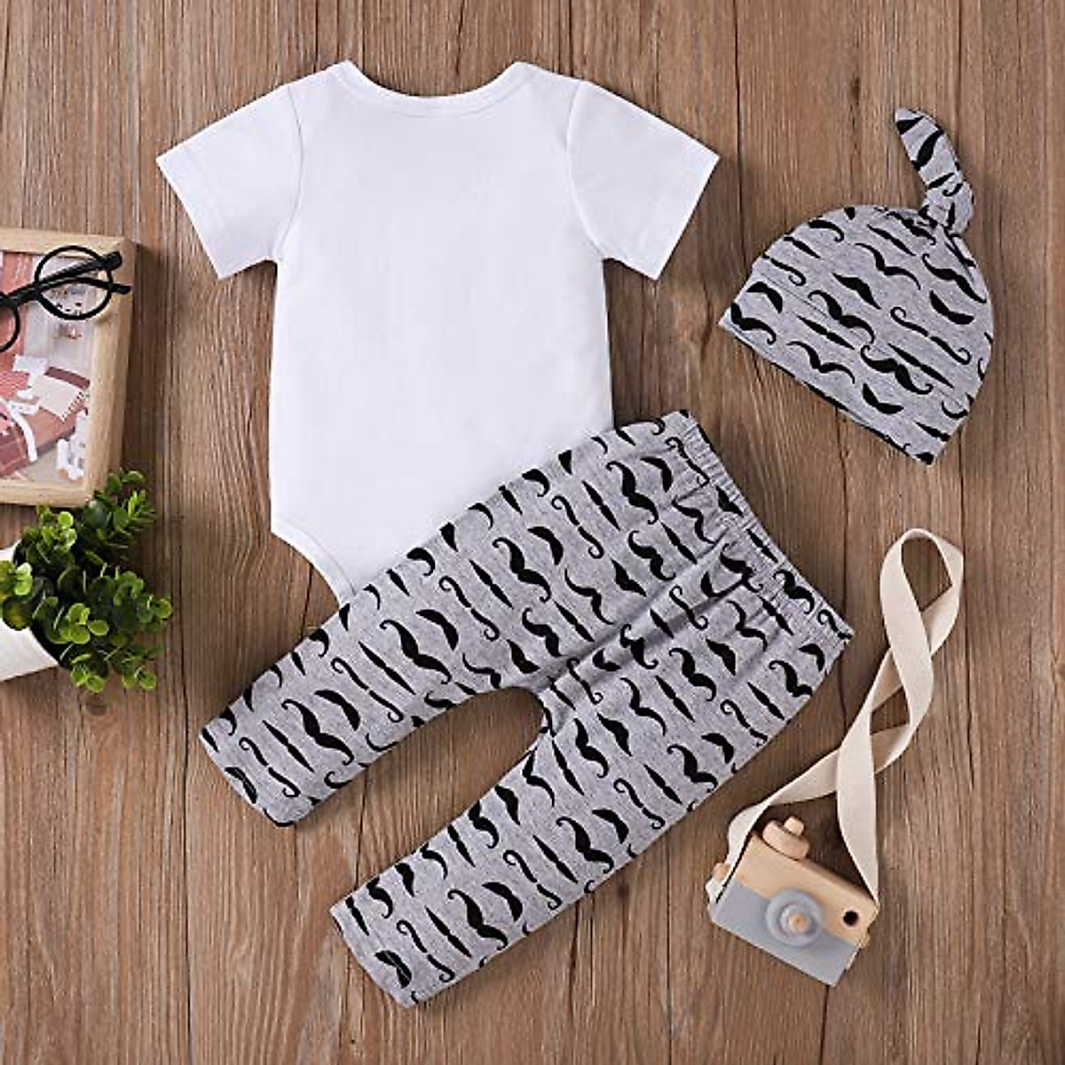 Baby Boy Clothes Stuff Infant Summer 3 Piece Outfits Newborn Cute Letter Printed Romper Short Sleeve + Pants + Hat Funny Letter Printed White Grey Mustache 70cm