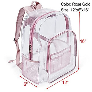 Jusdot Clear Backpack, Transparent Backpack Heavy Duty PVC See Through Backpacks Clear Bag for School, Workplace, Rose Gold