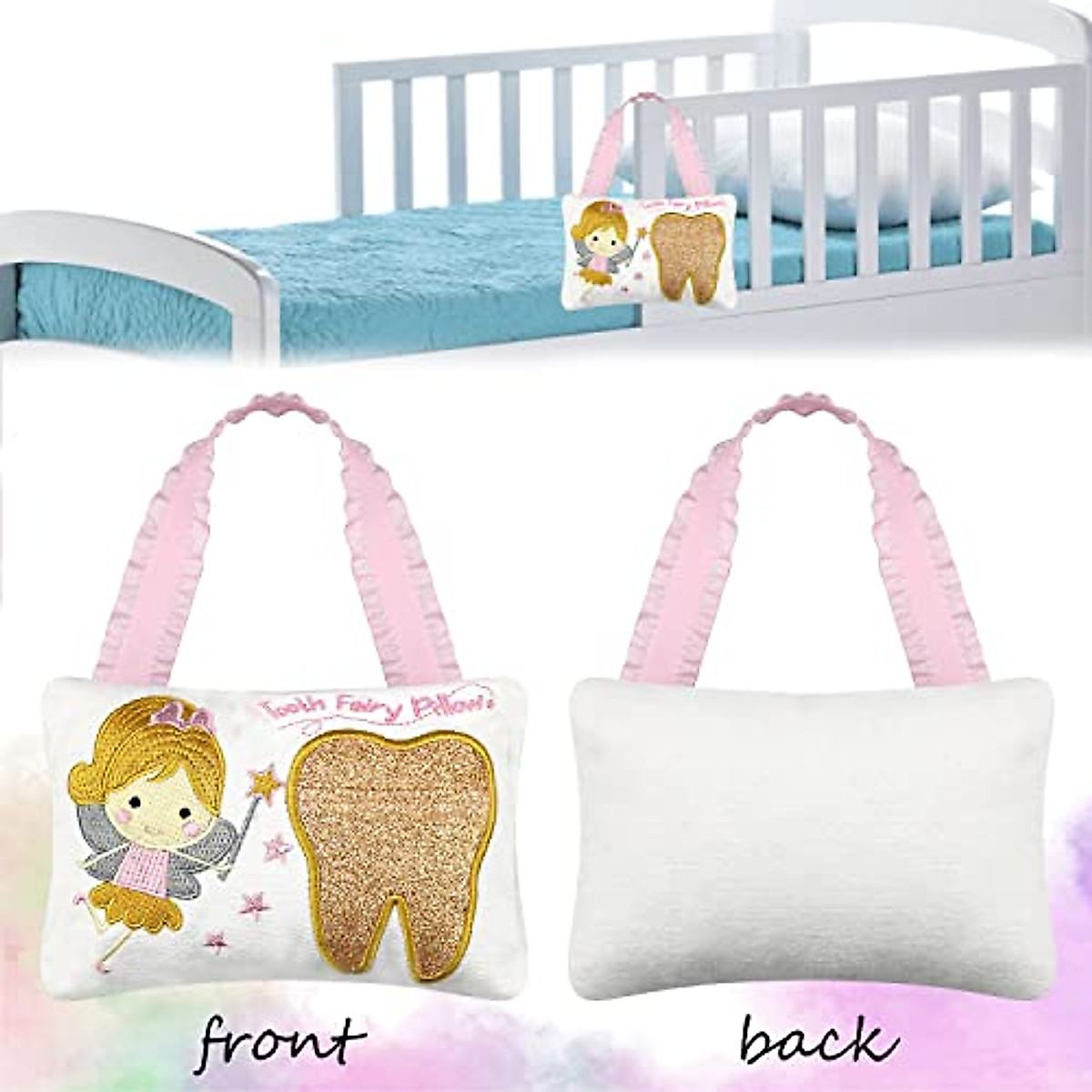 Tooth Fairy Pillow Embroidery Cartoon Fairy Gold Tooth Pocket with Gift Box Tooth Fairy Souvenir Children Gift for Girl Boy (Gold)