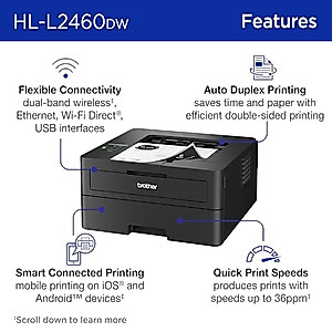 Brother HL-L2460DW Wireless Compact Monochrome Laser Printer with Duplex, Mobile Printing, Black & White Output | Includes Refresh Subscription Trial(1), Works with Alexa