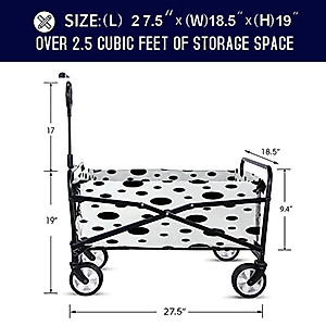 Collapsible Wagon Cart Seamless White with Black Circles Foldable Utility Wagon Large Capacity Garden Cart with Push Bar for Beach Camp Outdoor Shopping