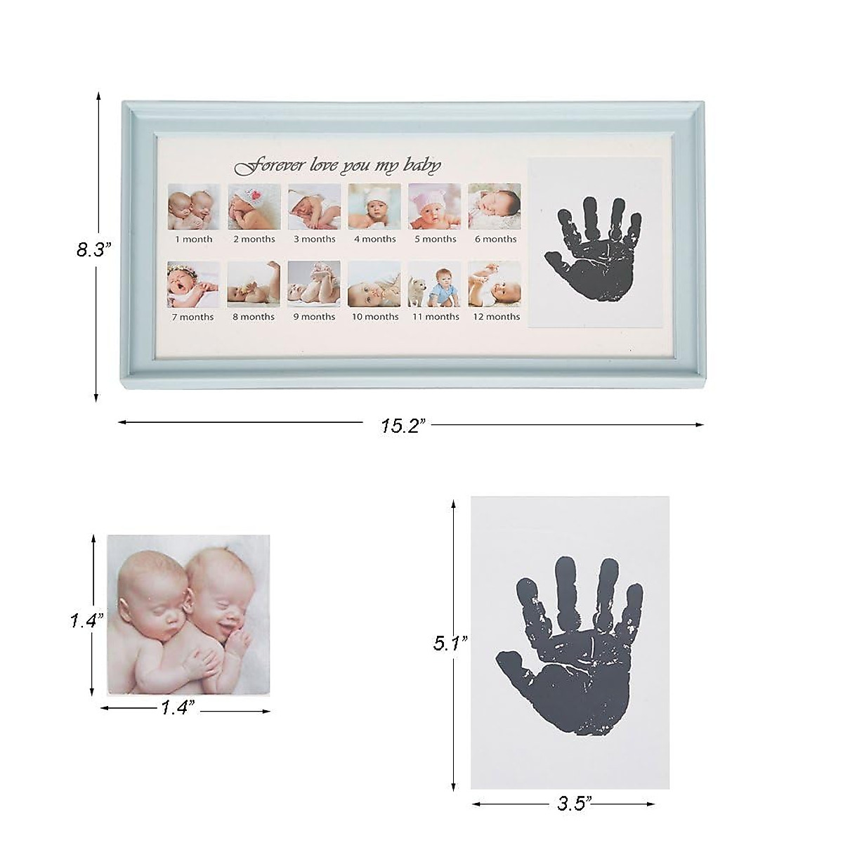 Dporticus Baby Handprint Kit & Footprint Photo Frame for Newborn Girls and Boys, 12 Photo Moments Frame Baby Shower Gifts Set Memorable Keepsake Box Decorations for Room Wall Non Toxic INK (Blue)