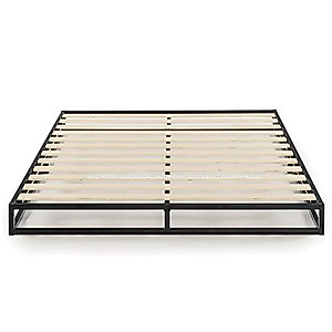 Mellow Modernista Low Profile 6 Inch Metal Platform Bed Frame with Classic Wooden Slat Support Mattress Foundation (No Box Spring Needed), Full, Black