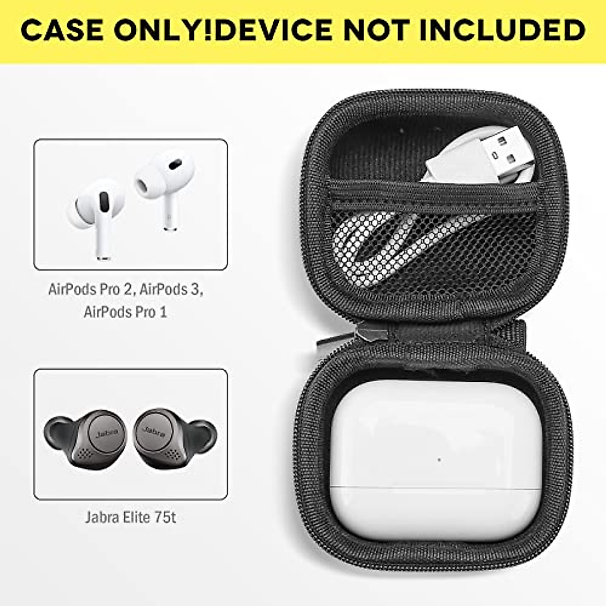 ProCase Compatible for AirPods Pro 2 2022 / AirPods 3 2021 / AirPods Pro 1 / Jabra Elite 75t / Beats Studio Buds, Hard Travel Carrying Case Storage Pouch Bag for Earbuds Earphones Headphones -Black