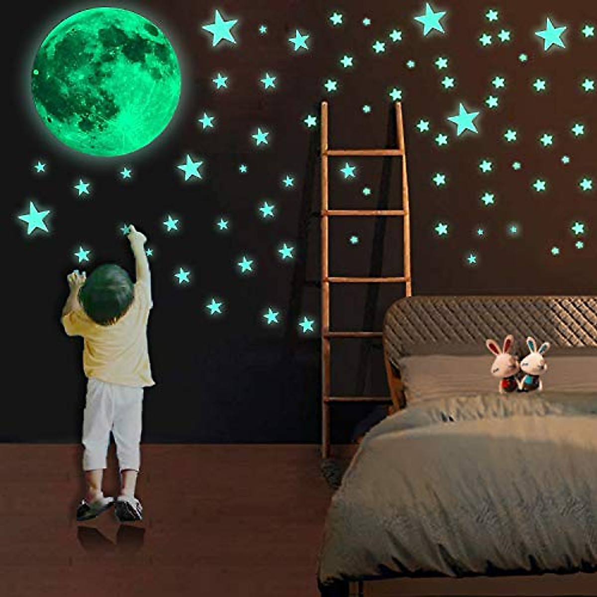 Glow in The Dark Stars and Moon Wall Stickers for Baby Room, Luminous Wall Decal Realistic Star and 3D Full Moon Starry Sky Decoration for Kid Toddler Bedroom, Ceiling Halloween decor (333Stars,1Moon)