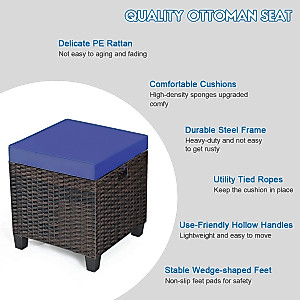 Giantex 2-Piece Rattan Patio Ottoman, All Weather Wicker Ottoman w/Removable Cushion & Steel Frame, Outdoor Footstool Footrest Furniture (Navy Blue)
