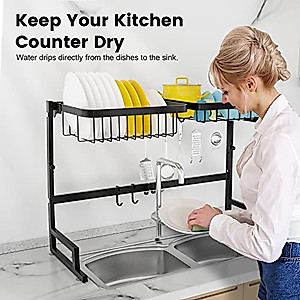 MERRYBOX Over The Sink Dish Drying Rack, SS65-03 Adjustable Length (25.6-33.5in) and Height Over Sink Dish Rack, Dish Drainer with Dishware Holder & Hooks for Kitchen Sink Organizer Space Saver