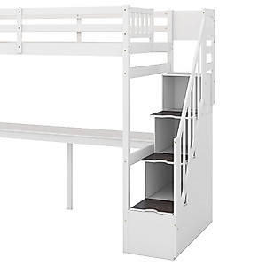 MERITLINE Twin Loft Bed with Desk and Stairs,Wooden Loft Bed Twin with Storage, Kids Loft Bed with Steps for Girls Boys Bedroom, Dorm(Twin,White)