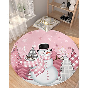Blush Pink Snowman Fluffy Round Area Rug Carpets 4ft, Plush Shaggy Carpet Soft Circular Rugs, Non-Slip Fuzzy Accent Floor Mat for Living Room Bedroom Nursery Home Decor Christmas Dot Plaid Tree