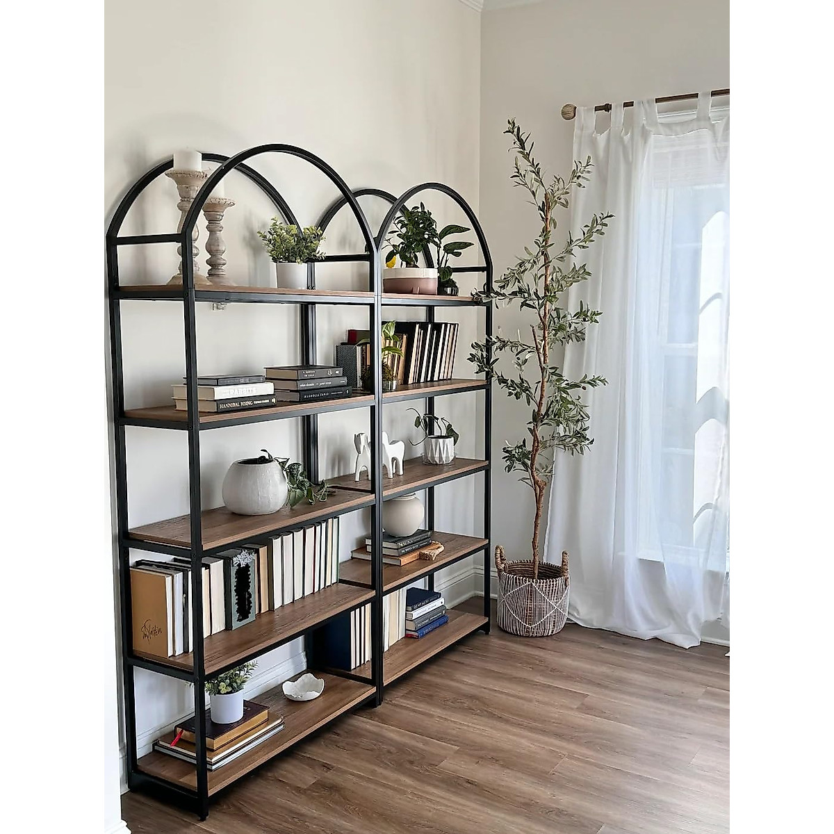 Nathan James Haven Etagere Bookshelf, 5-Shelf Bookcase in Oak Wood and Black Metal Frame with Arch Top and Open Shelves, Oak/Black