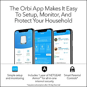 NETGEAR Orbi Tri-Band WiFi 6 Mesh Network System (RBK863S) – Router + 2 Satellite Extenders, Security Features, Up to 6Gbps, Up to 8,000 sq.ft., 100 Devices, 10 Gig Internet Port, Armor Subscription