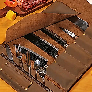 TOURBON Leather Knife Roll Bag, Kitchen Tool Holder with 5 Slot and Zipper pocket, Camping Cooking Tools Stroage Carry Case with Shoulder Strap