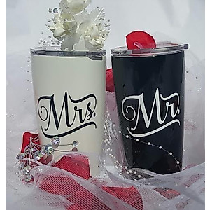 YETI Custom Rambler 20 Oz Tumbler, Stainless Steel, with Lid, Wedding Set, Mr. and Mrs,(Gloss Black and Pearl White)