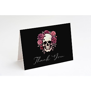The Invite Lady Gothic Thank You Cards Till Death Do Us Part Dark Halloween Gothic Skull Floral Black Purple Fall Autumn Bridal Shower Printed Folding Cards (24 Count)