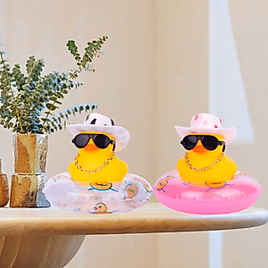 MuMyer Car Rubber Duck 2Pcs Duck Car Dashboard Decorations Yellow Duck Car Ornaments for Car Dashboard Decoration Accessories with Mini Swim Ring Cowboy Hat Necklace and Sunglasses