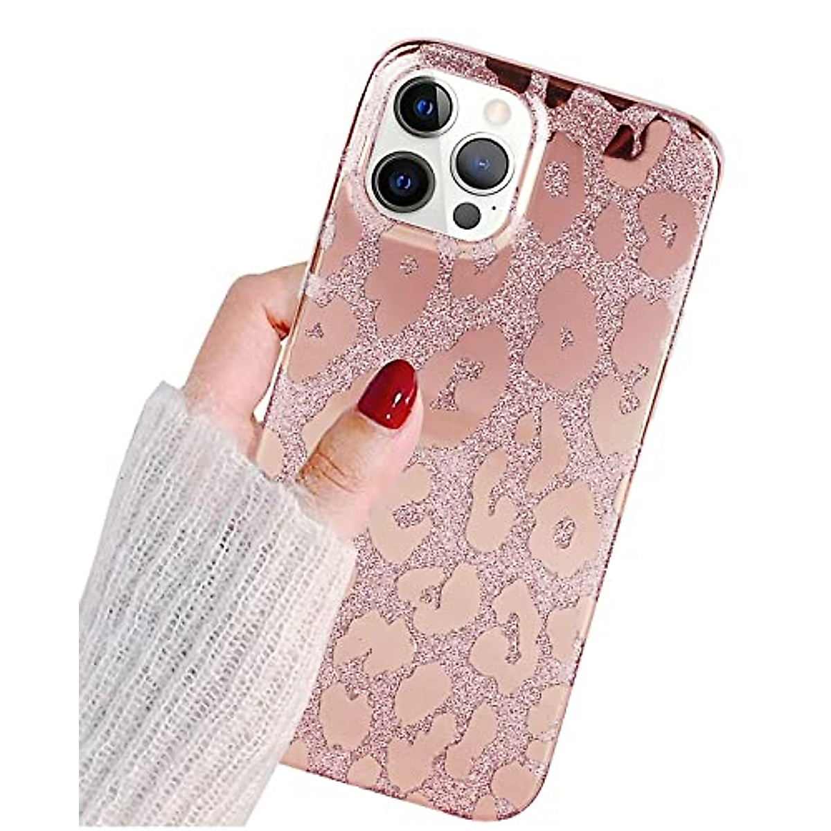 J.west Case Compatible with iPhone 12 Pro Max 6.7-inch, Luxury Saprkle Bling Glitter Leopard Print Design Soft Metallic Slim Protective Phone Cases for Women Girls TPU Silicone Cover Case Rose Gold