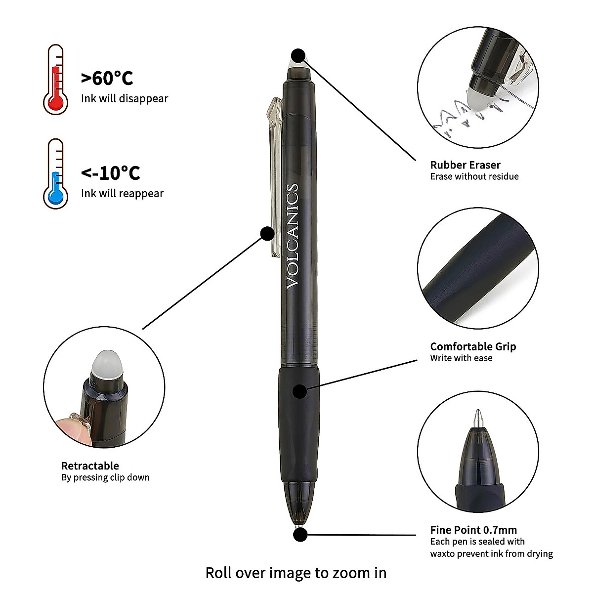Volcanics Retractable Clicker Erasable Gel Pens - 0.7mm Ball Point, Heat Erase with Built-in Eraser, 12 Pack Black