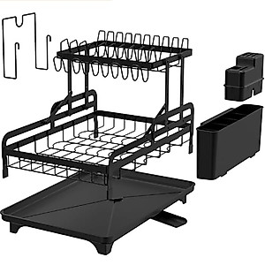 Dish Drying Rack, Dish Racks for Kitchen Counter, Kitchen Organizers and Storage Rack with Drainboard and Cutlery Holder (Black,Double-Layer Standard Version)