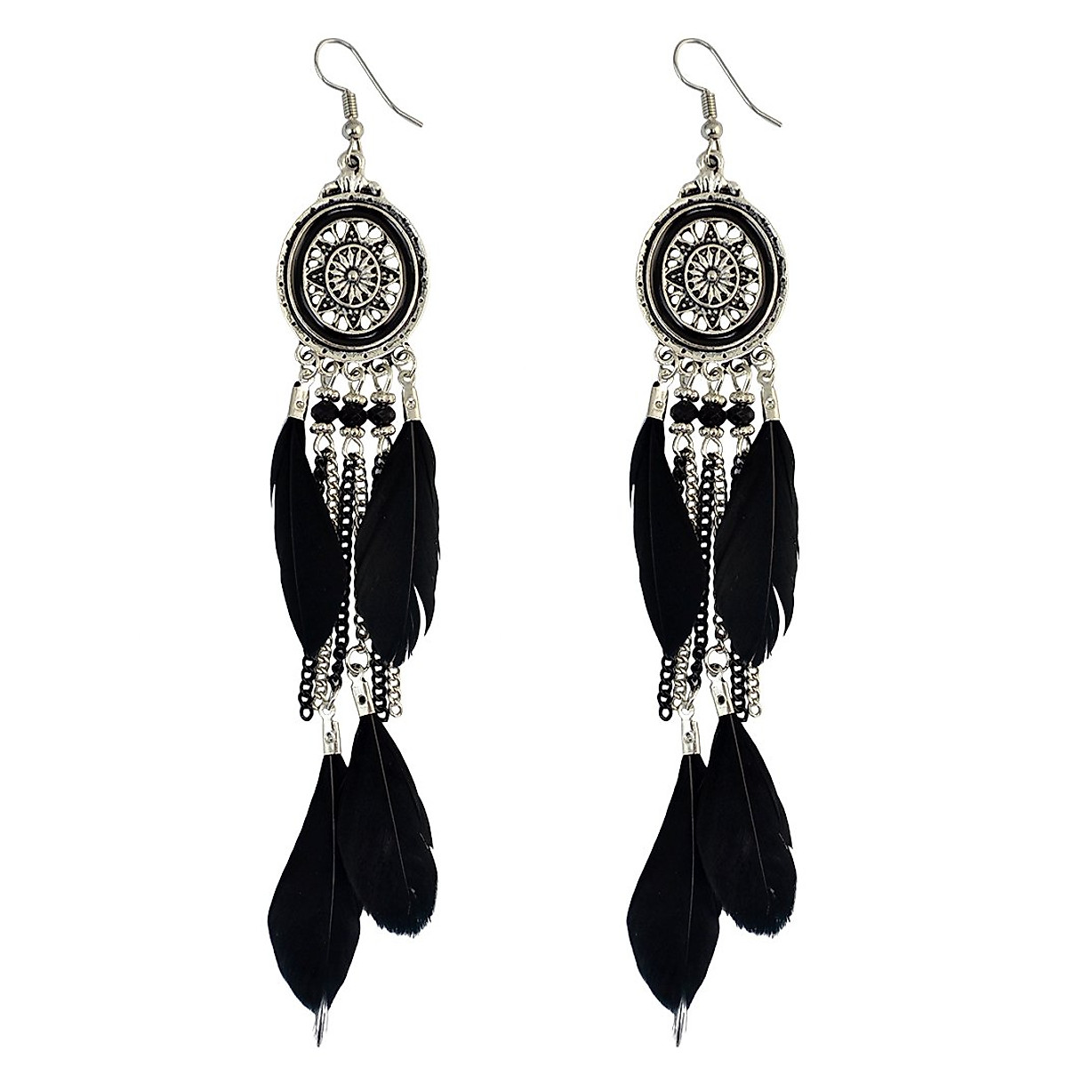 Vintage Retro Boho Ethnic Silver Plated Alloy Chain Tassel Dangle Earrings Feather Fringe Drop Long Earrings (Black)
