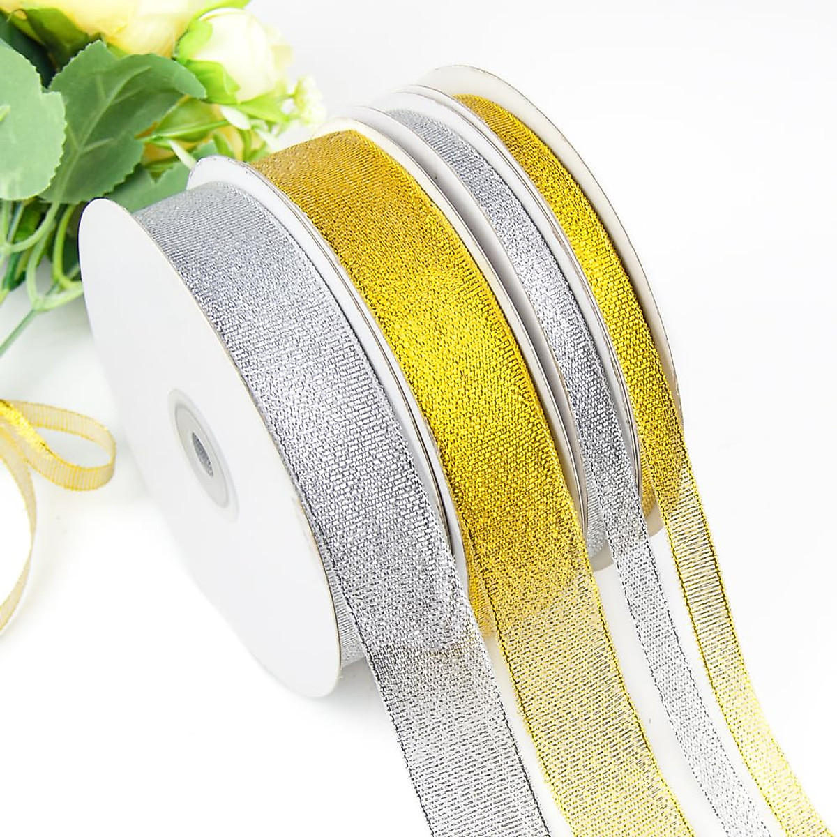 Isaspire 3/8" Width x 50 Yards Metallic Glitter Ribbon with Spool, Silver Glitter Ribbon Perfect for Gift Wrapping, Festival Decoration, Wedding, Christmas, DIY Craft Projects