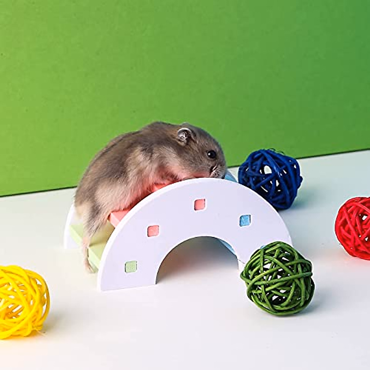 DJun Hamster Rainbow Chew Toys Include House Bridge Swing Seesaw and 10 Colorful Rattan Balls, Pet Sport Exercise Toys Set, Guinea Pig Rat Chinchilla Cage Accessories for Small Animals (Style 1)