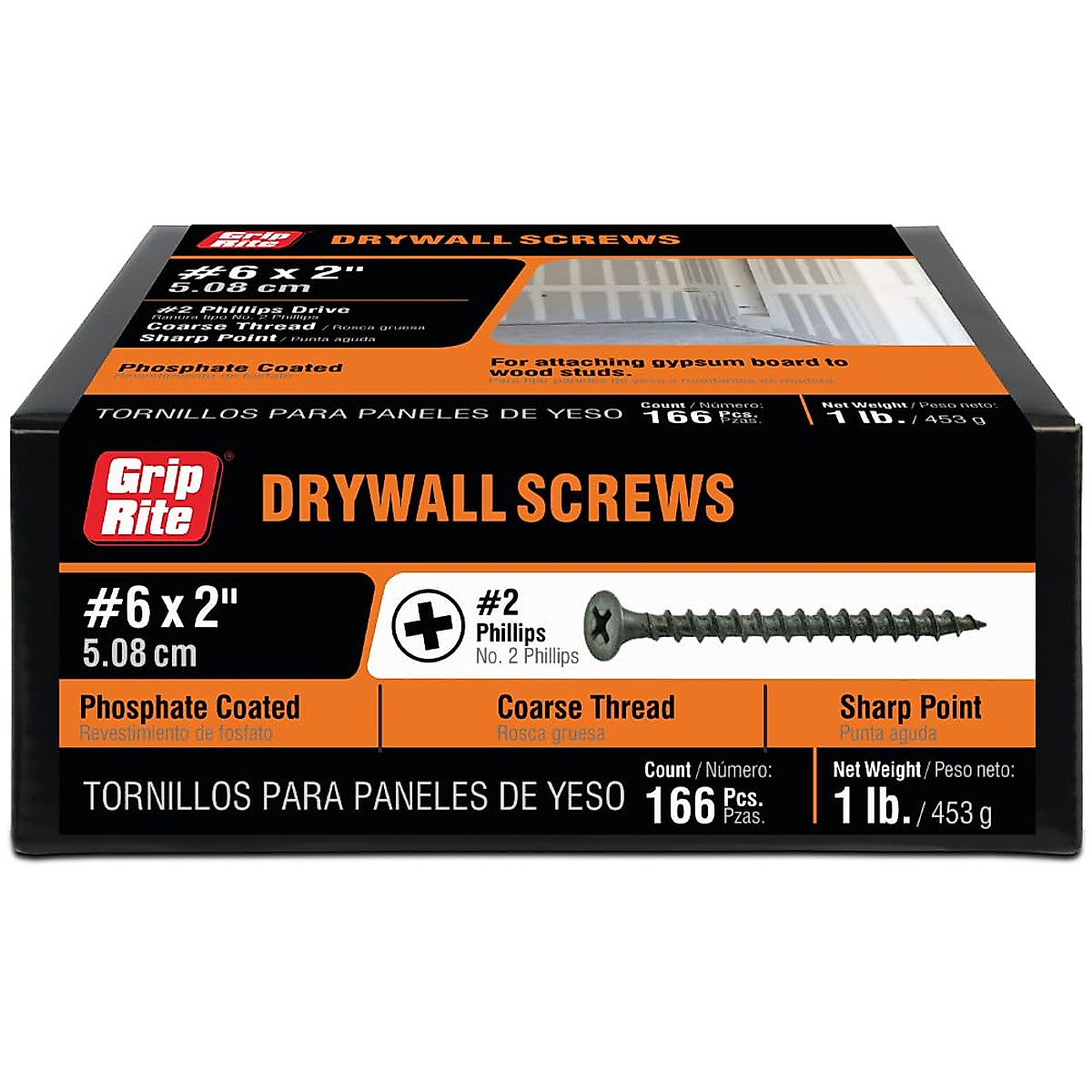 Grip-Rite 2CDWS1#6 X 2 Phillips Bugle Head Coarse Thread Sharp Point Drywall Screw, 1lb Box