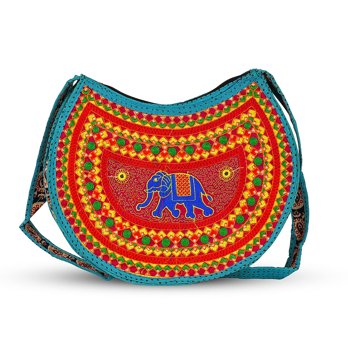 North Creed Crossbody Elephant Flora Embroidery Shoulder Bag, Indian Ethnic Travel Handbag with Zipper Pocket- Blue