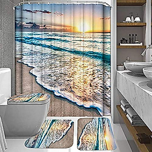 AXISRC 4 Pieces Rose Bathroom Rugs Set Shower Curtain Non Slip Seat Lid Cover Bath Mats 71x71inches
