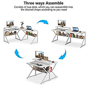 Tribesigns L Shaped Desk with Storage Shelves, 63 inch Industrial Corner Computer Desk with Monitor Stand, Study Writing Table Workstation for Home Office, White