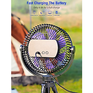 8" Portable Camping Fan, 10000mAh Rechargeable Tripod Fan with Tent Hook, 4 Speeds, 360° Rotation Battery Operated Fan for Outdoor Camping Tent Hurricane