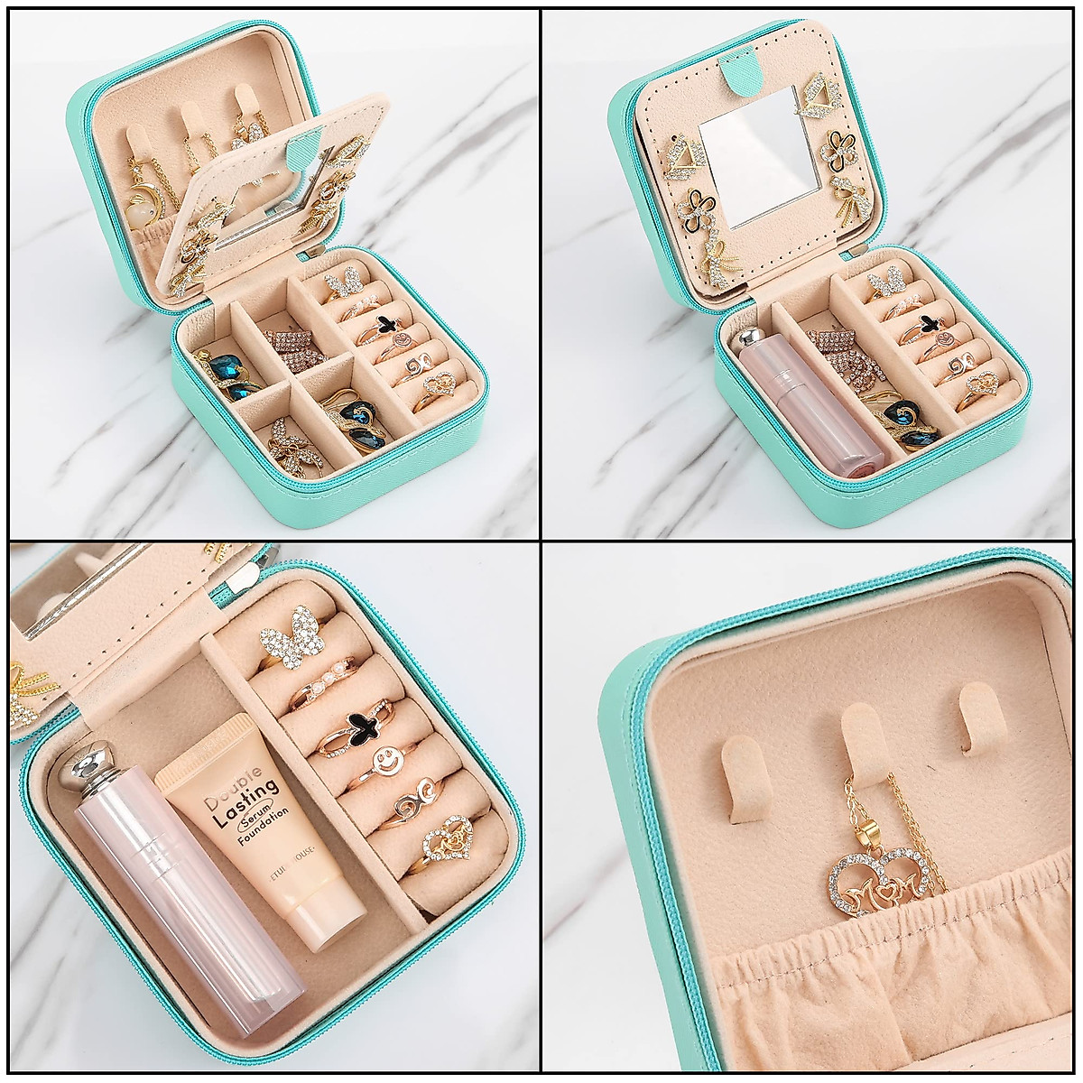 XZUZ Small Travel Jewelry Box With Mirror, Portable Jewelry organizer Display Storage Box for Earrings Rings Necklaces, Jewelry ase for female Girls (blue) 1pc