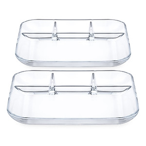 Navaris Glass Divided Plates (Set of 2) - 4 Section Divider Snack Plate for Adults, Serving, Portion Control - Square Clear Platter with Food Dividers