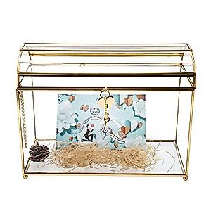 HighFree Glass Wedding Card Box with Slot & Lock, Handmade Copper Geometric Terrarium, Clear Display Box for Wedding Reception, Wishwell, Keepsake Gold (12.2inch)