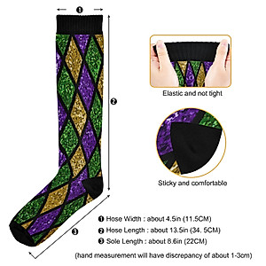 Wusikd Mardi Gras Shiny Compression Socks for Women and Men Circulation Green Purple Plaid Long Socks for Athletic Running 1