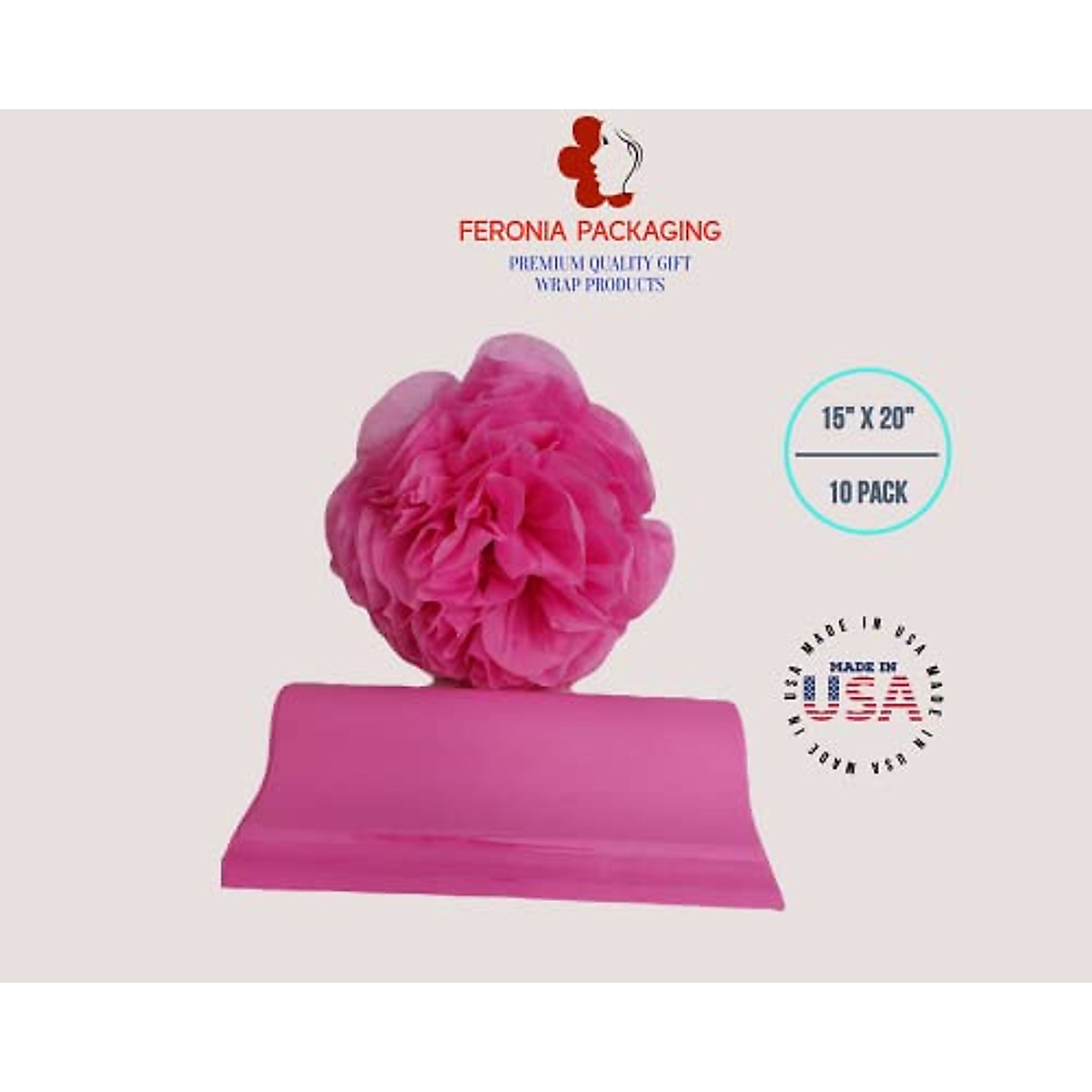 Feronia packaging Hot Pink Tissue Paper Squares, Bulk 10 Sheets, Premium Gift Wrap and Art Supplies for Birthdays, Holidays, or Presents, Large 15 Inch x 20 Inch Made in USA