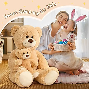 Muiteiur Giant Teddy Bear Stuffed Animal Cute Mommy and Baby Bear Teddy Bear Baby Shower Plush Toy for Kids Boys Girls Great Gift for Christmas Valentines Day Party 40inch,Light Brown