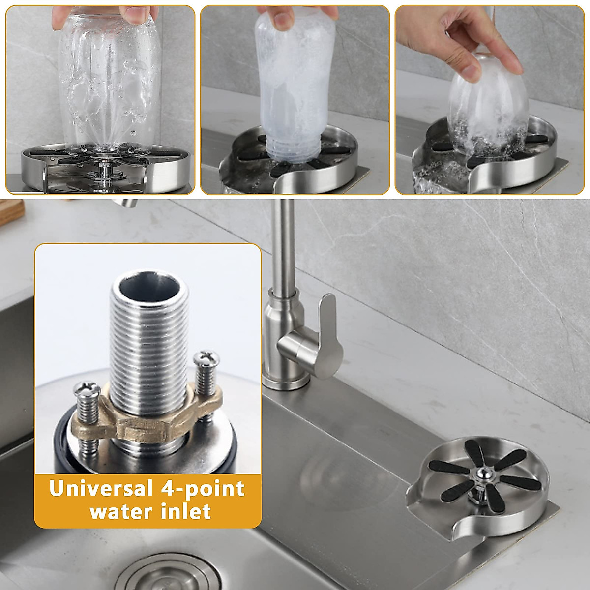 Icelily Glass Rinser for Kitchen Sink, Bottle Washer, Bar Glass Washer, Cup Cleaner Rinser, Faucet Glass Rinser, Kitchen Sink Accessories, Stainless Steel Brushed Nickel